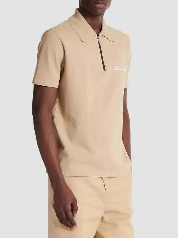 Balmain Logo-embroidered Cotton Quarter-zip Polo Shirt - Camel Blanc