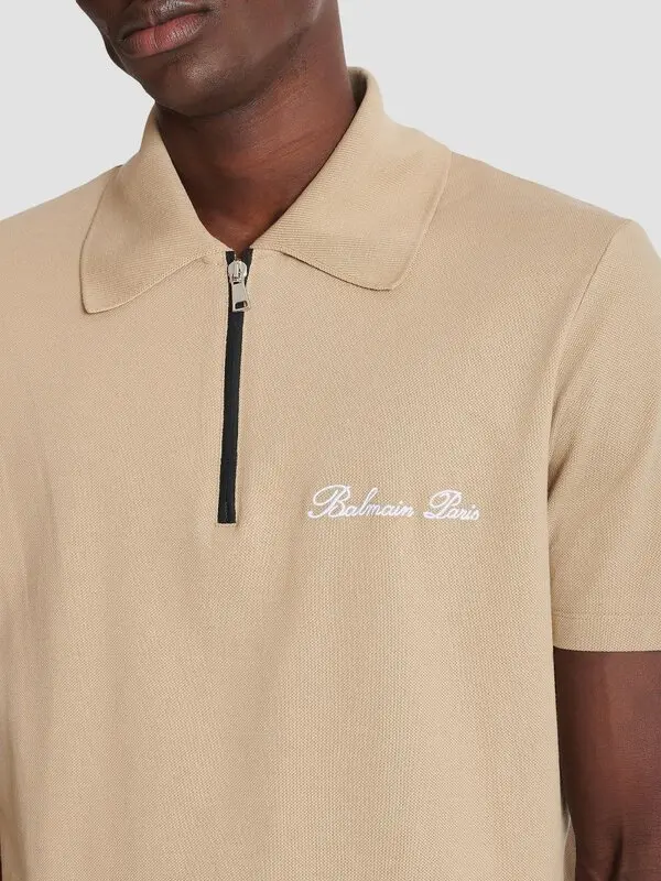 Balmain Logo-embroidered Cotton Quarter-zip Polo Shirt - Camel Blanc