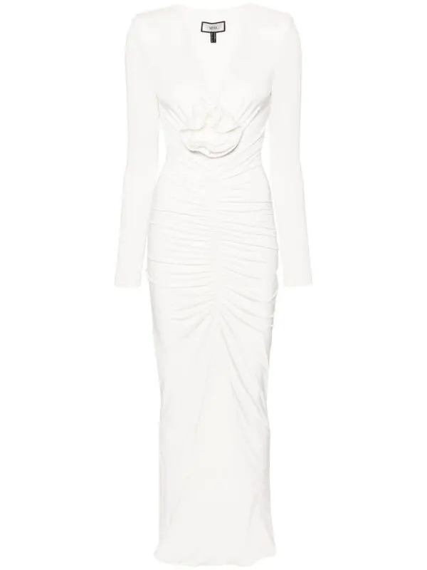 NISSA Floral Appliqué Plunge V-neck Maxi Dress - White