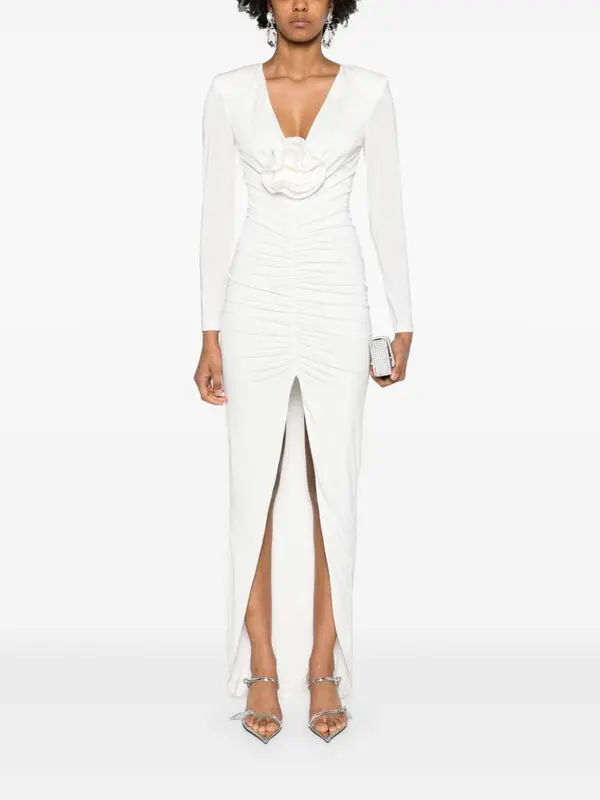 NISSA Floral Appliqué Plunge V-neck Maxi Dress - White