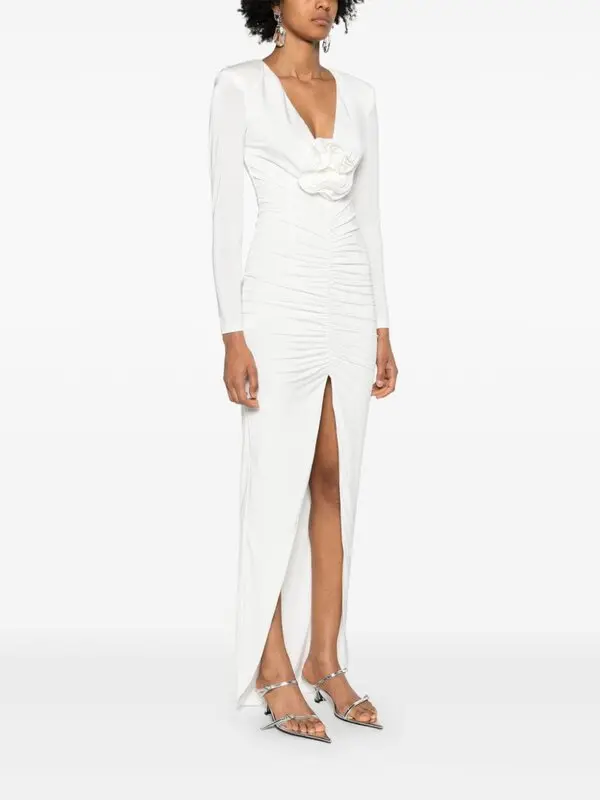 NISSA Floral Appliqué Plunge V-neck Maxi Dress - White