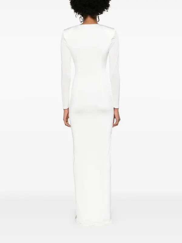 NISSA Floral Appliqué Plunge V-neck Maxi Dress - White