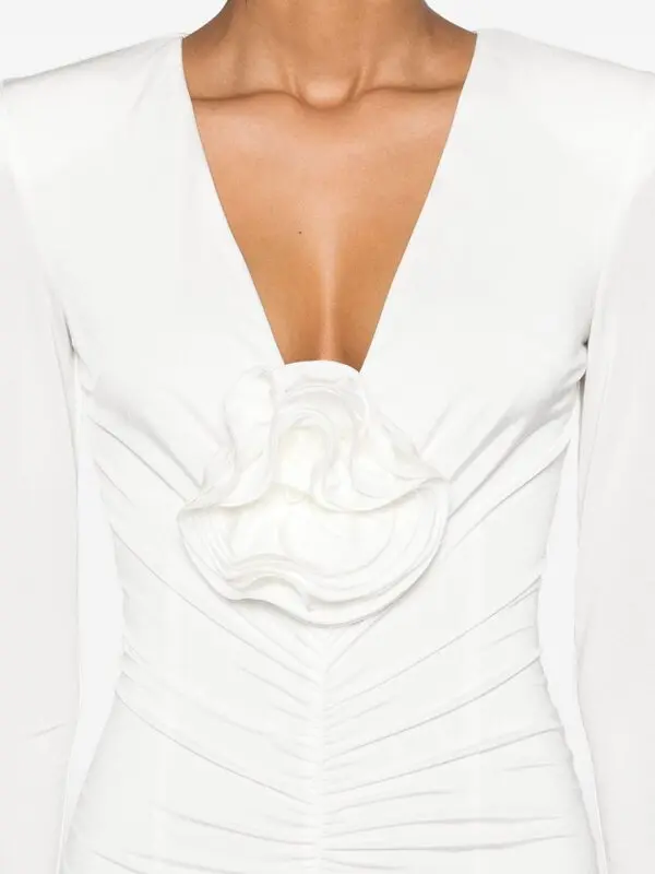 NISSA Floral Appliqué Plunge V-neck Maxi Dress - White