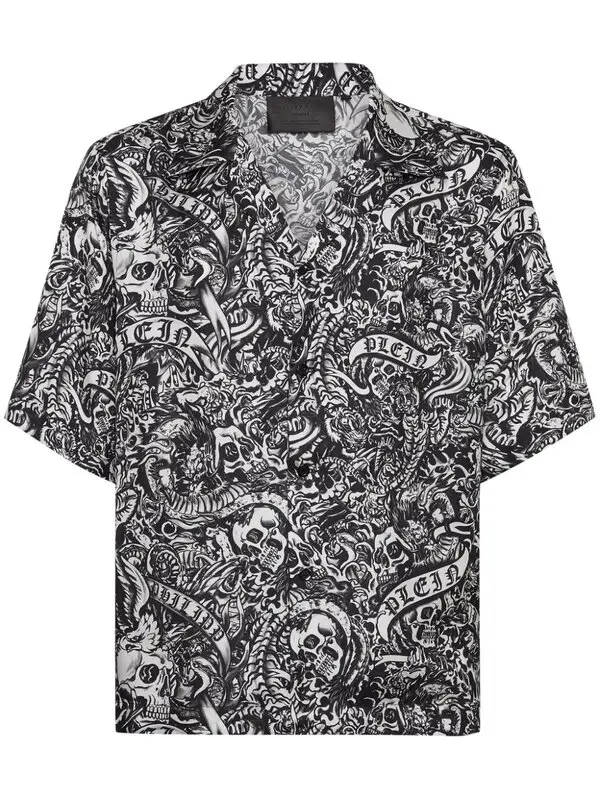 Philipp Plein Tattoo Short-sleeve Silk Shirt - Black