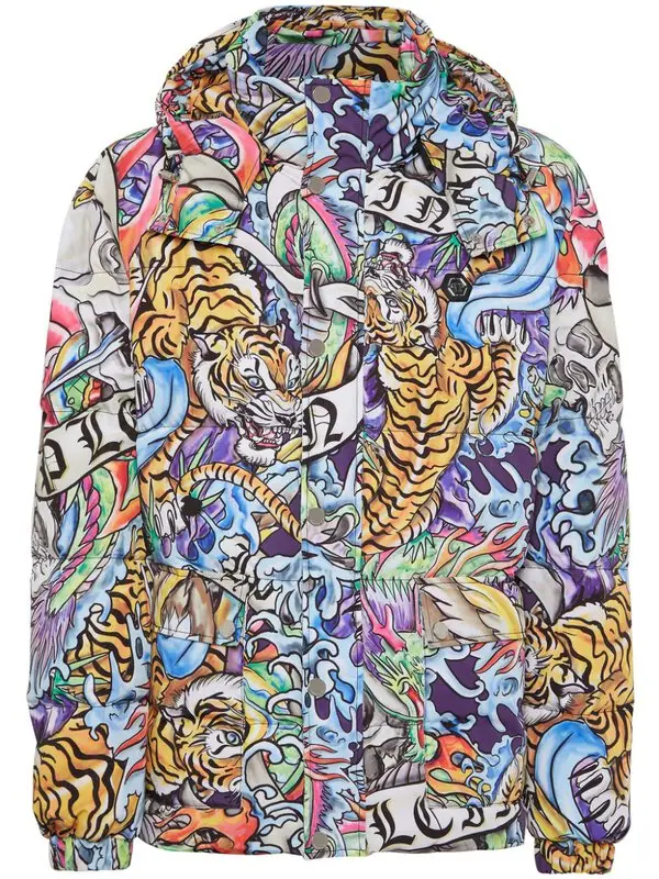 Philipp Plein Tattoo-print Puffer Jacket - Blue