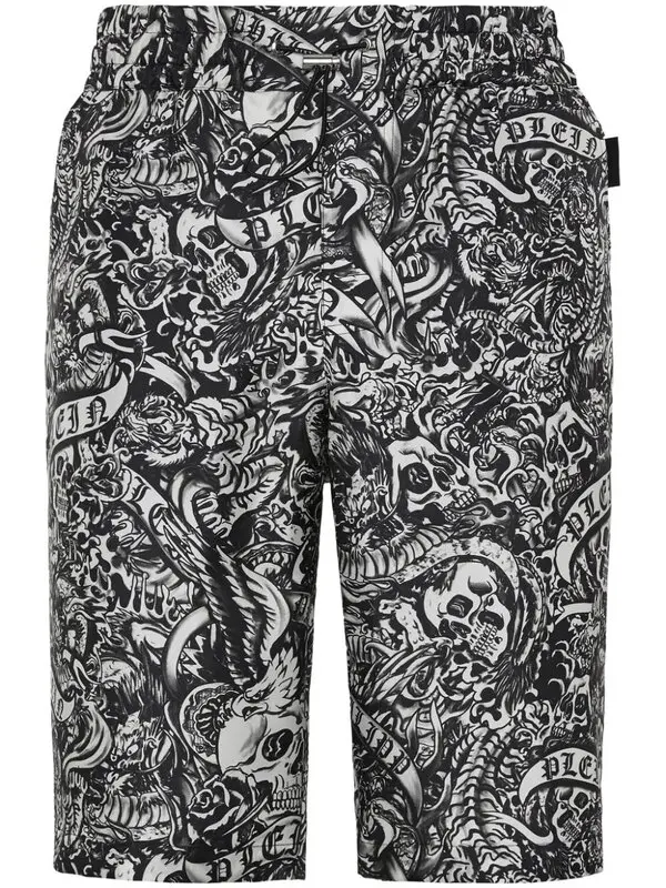 Philipp Plein Tattoo-print Silk Shorts - Black