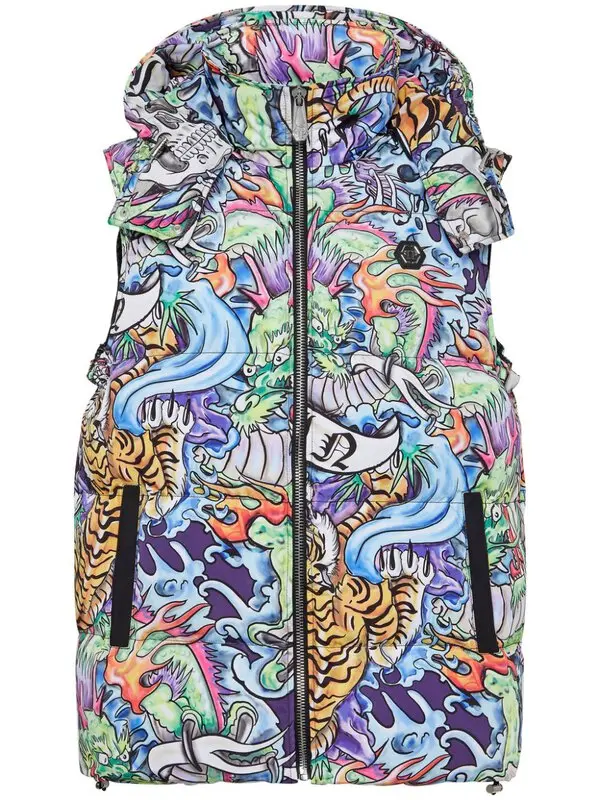 Philipp Plein Tattoo-print Puffer Gilet - Blue
