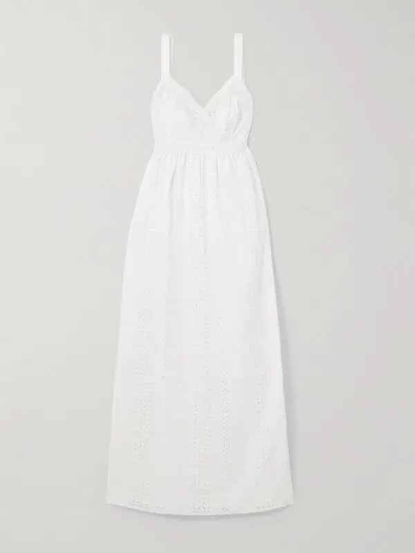 Loretta Caponi Edith Lace-trimmed Broderie Anglaise Maxi Dress - White