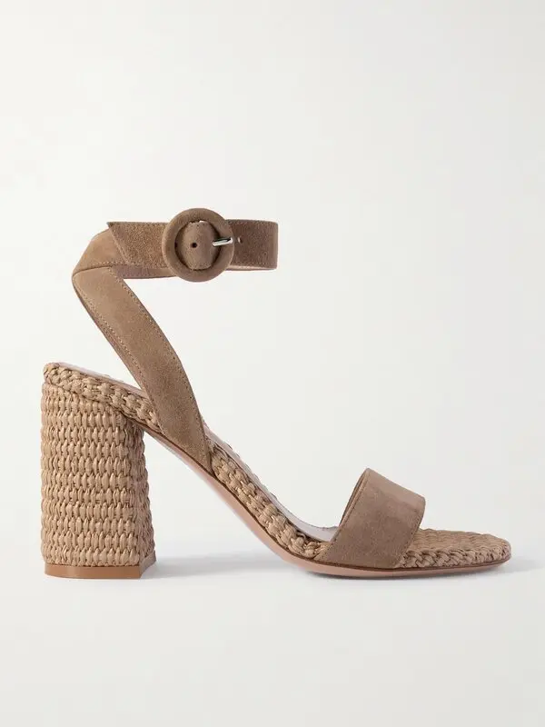 GIANVITO ROSSI Luana 85 Suede And Raffia Sandals - Neutrals