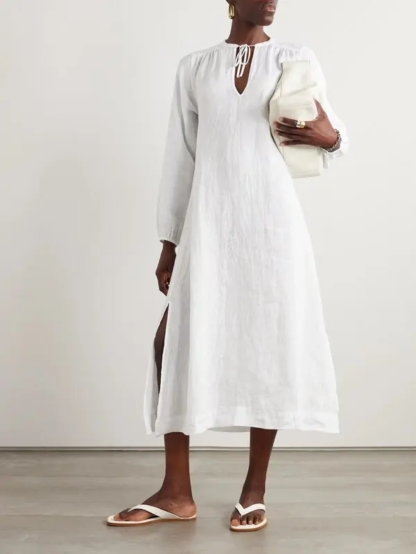 James Perse Tie-Detailed Linen Midi Dress In White 60% Off