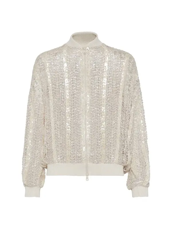 Brunello Cucinelli Dazzling Striped Net Embroidery Bomber Jacket