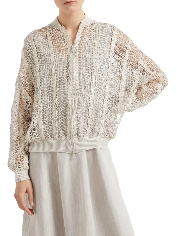 Brunello Cucinelli Dazzling Striped Net Embroidery Bomber Jacket