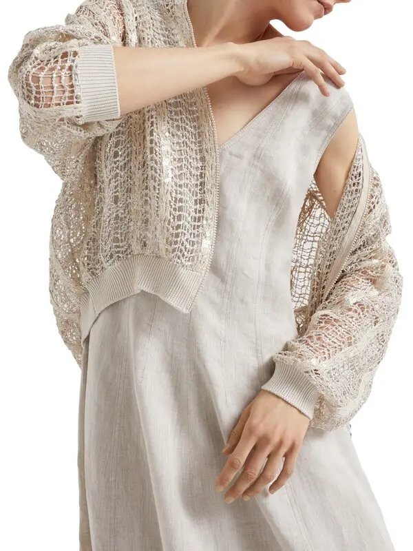 Brunello Cucinelli Dazzling Striped Net Embroidery Bomber Jacket