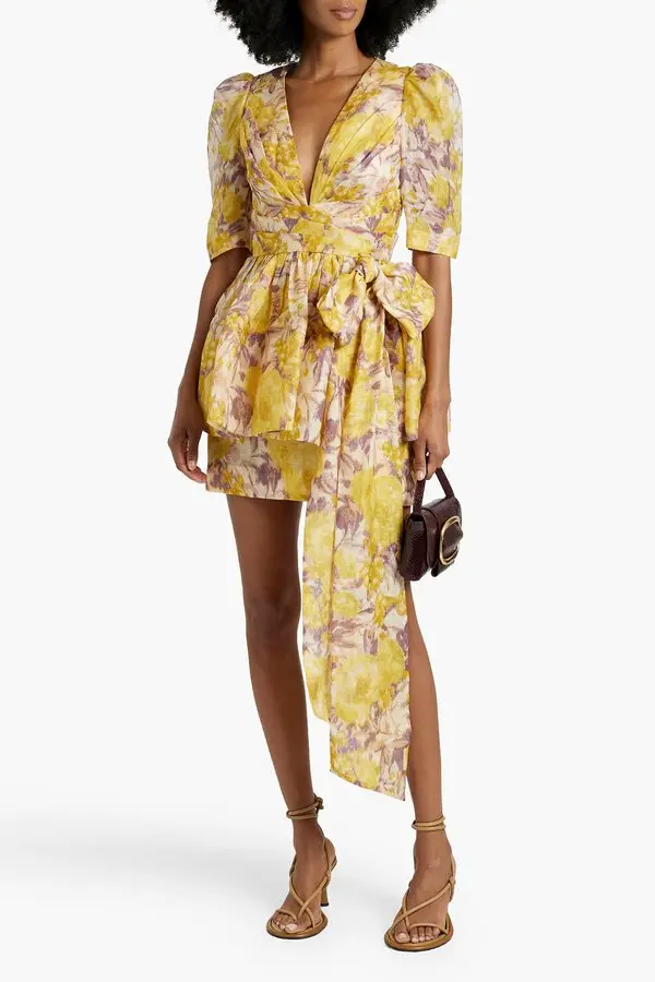 Zimmermann Floral Print Linen And Silk-blend Mini Dress With Bow
