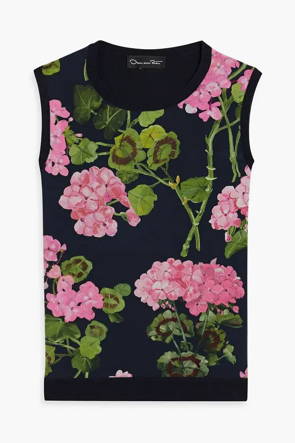 Oscar De La Renta Floral-print Crepe-paneled Silk-blend Top - Midnight Blue