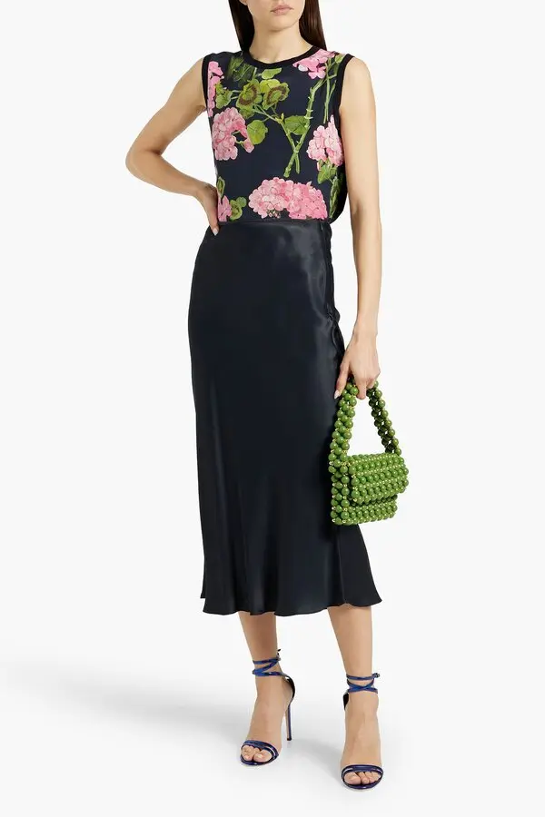 Oscar De La Renta Floral-print Crepe-paneled Silk-blend Top