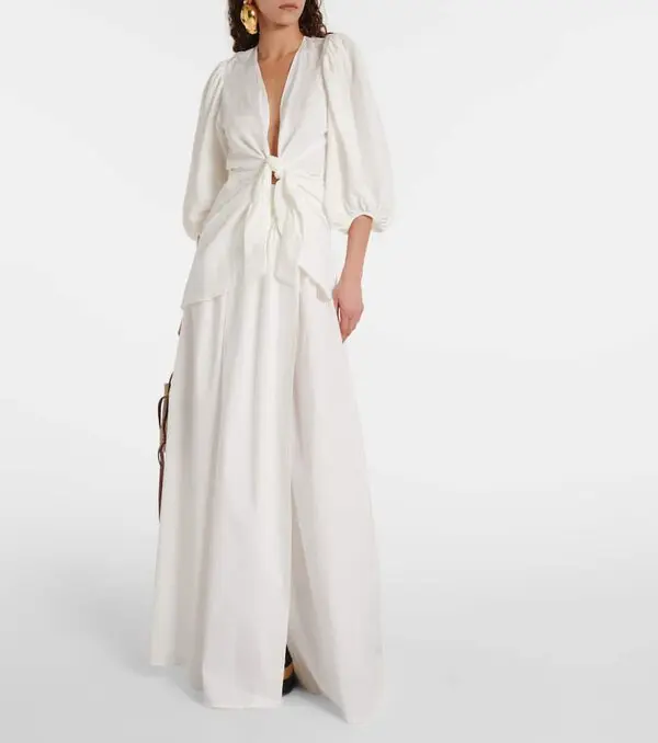 ADRIANA DEGREAS Puff-sleeve Linen-blend Blouse