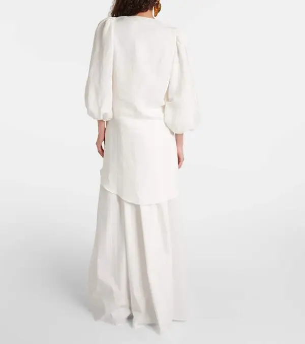 ADRIANA DEGREAS Puff-sleeve Linen-blend Blouse
