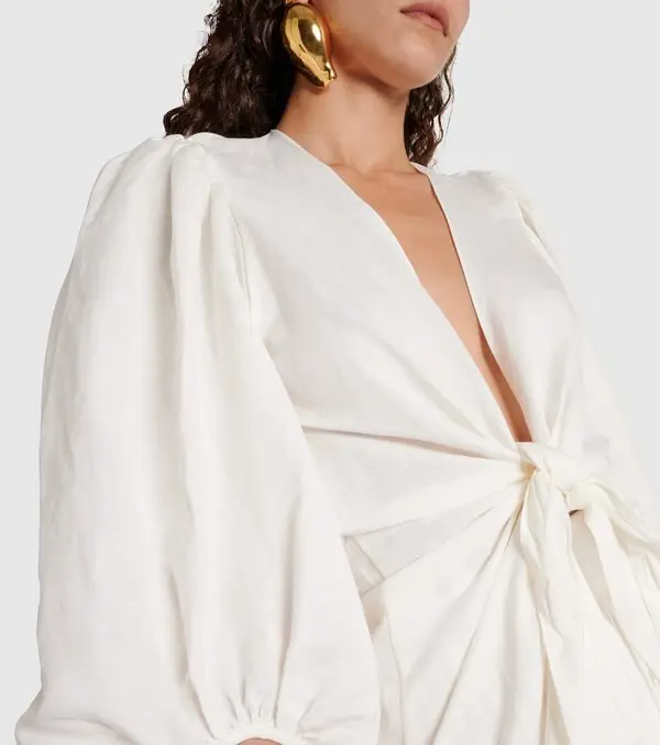 ADRIANA DEGREAS Puff-sleeve Linen-blend Blouse