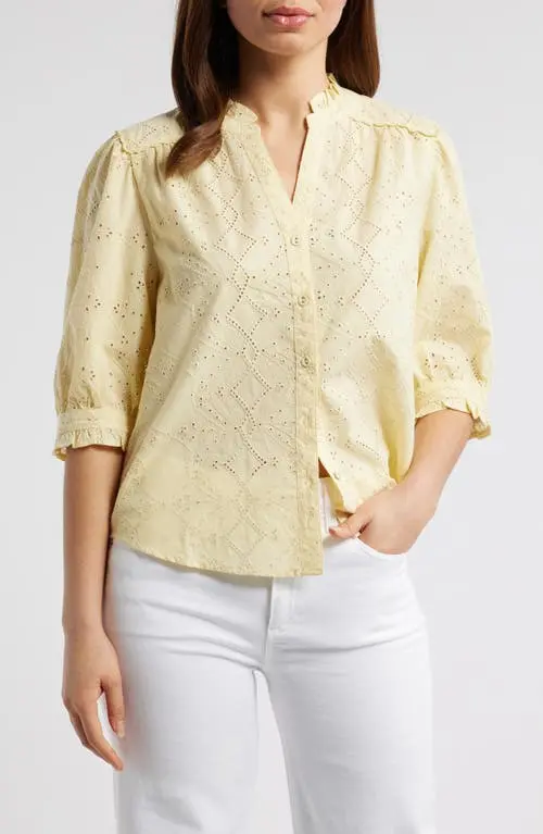 Wit & Wisdom Embroidered Eyelet Button-up Shirt - Buttercream