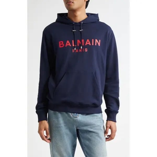 Balmain Logo Graphic Organic Cotton Hoodie - Soa Navy/ Red
