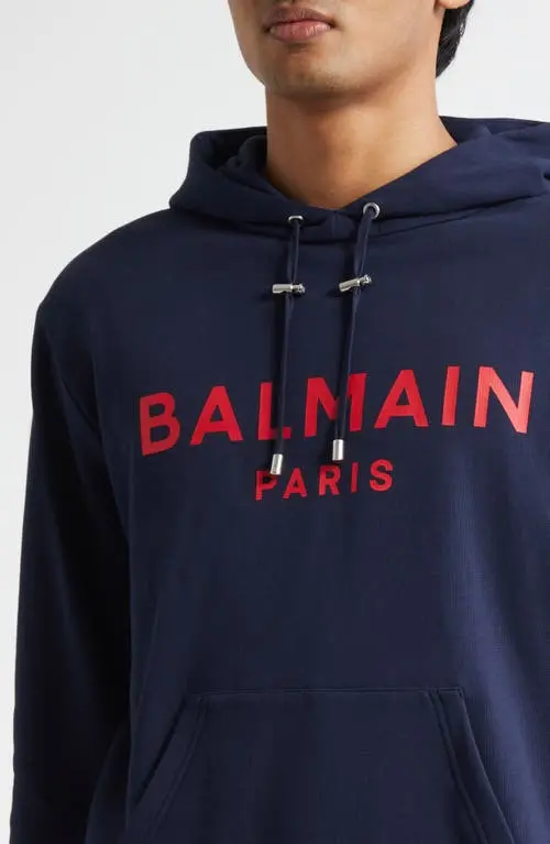 Balmain Logo Graphic Organic Cotton Hoodie - Soa Navy/ Red