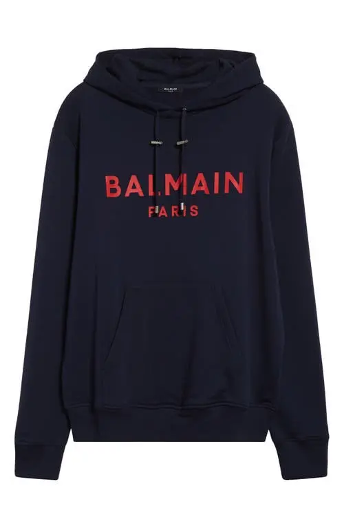 Balmain Logo Graphic Organic Cotton Hoodie - Soa Navy/ Red