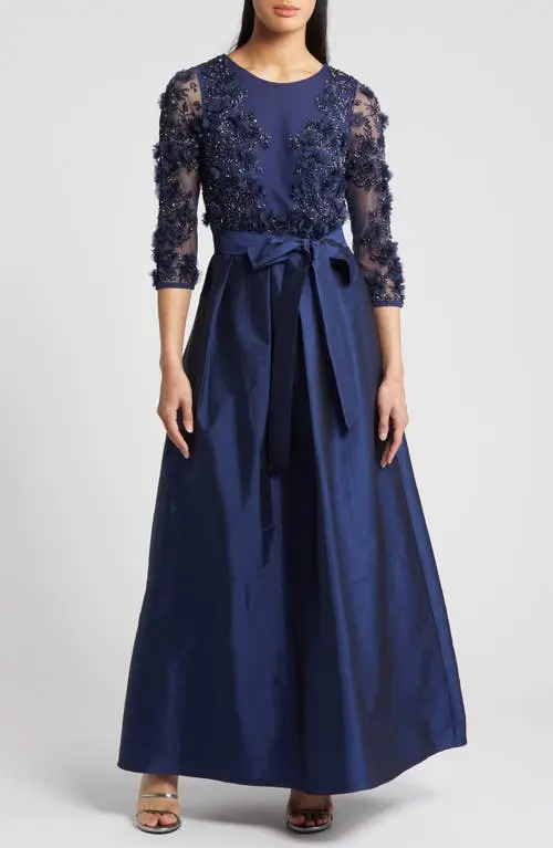 Pisarro Nights 3d Floral Beaded Taffeta Dress - Navy