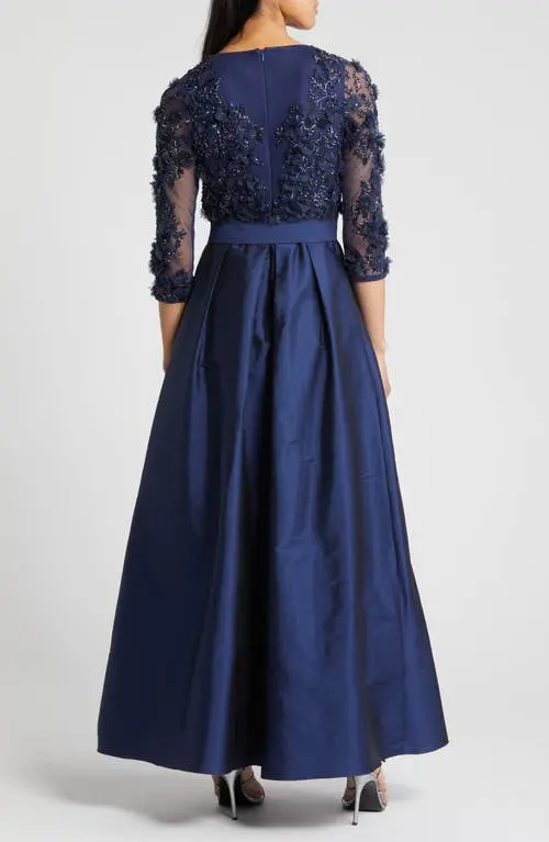 Pisarro Nights 3d Floral Beaded Taffeta Dress - Navy