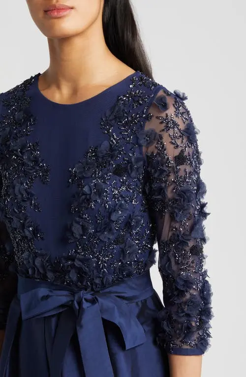 Pisarro Nights 3d Floral Beaded Taffeta Dress - Navy