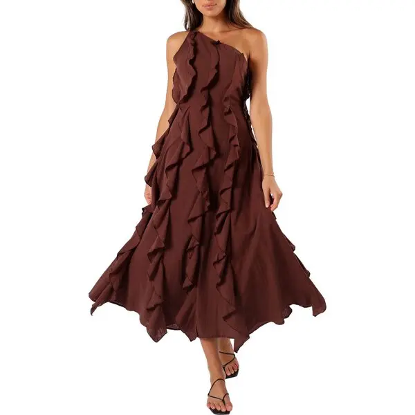 Petal & Pup Maggie One-Shoulder Dress - Chocolate | Editorialist