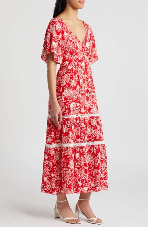 white christmas dresses Red and Cream Floral Print Dress | Purple Door Boutique main image 1
