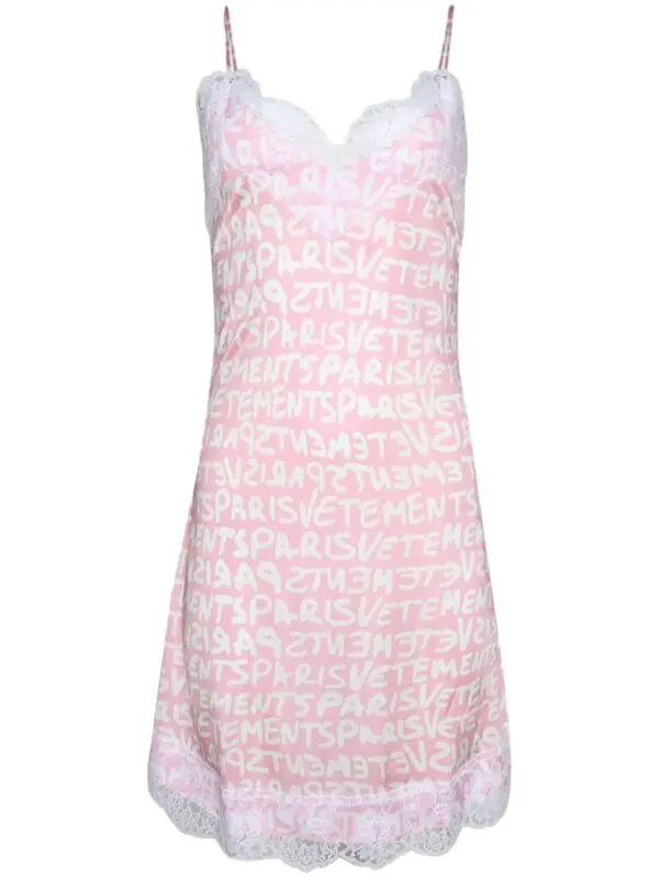 Vetements Logo-print Lace-trim Minidress - Pink