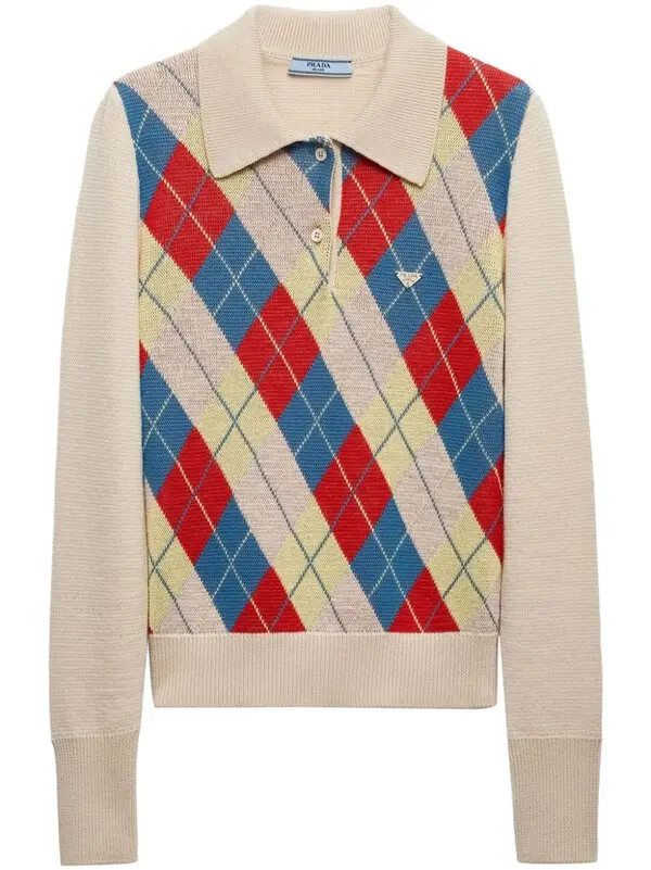 Prada Argyle Knit Wool Polo Shirt - Neutrals