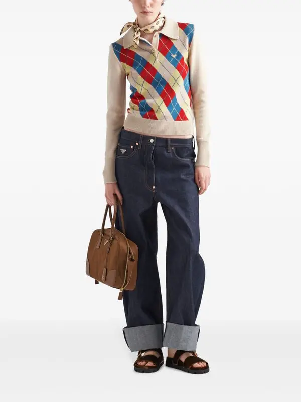 Prada Argyle Knit Wool Polo Shirt - Neutrals