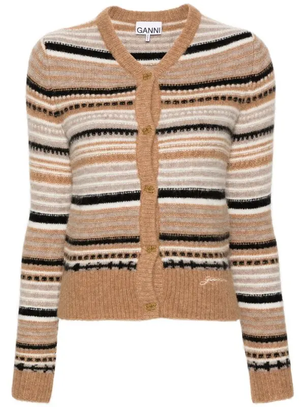 GANNI Logo-buttons Striped Cardigan - Neutrals