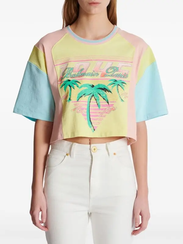 Balmain Palm Tree Print Cropped T-shirt