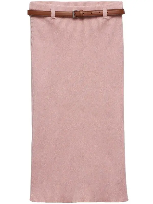 Prada Belted Ribbed Cotton Midi Skirt