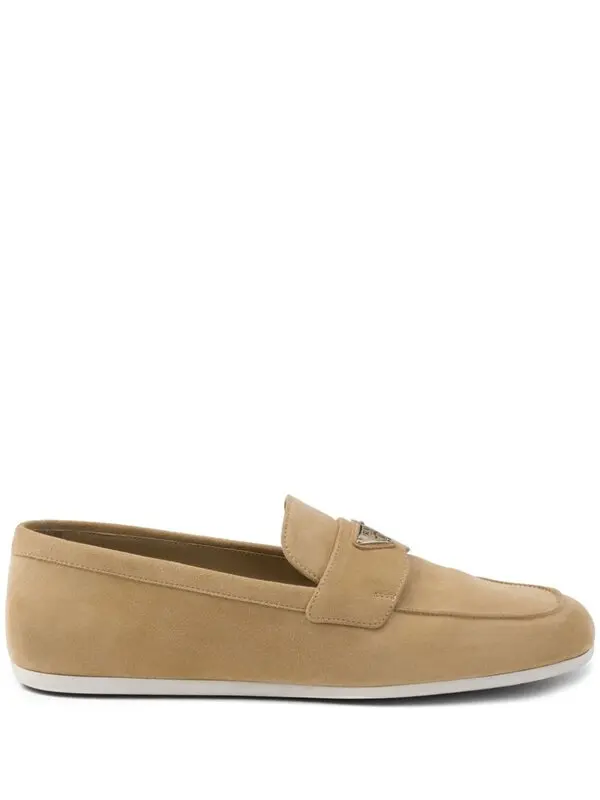 Prada Tan Suede Slip-On Loafers with Triangle Logo Prada triangle logo suede loafers main image 4