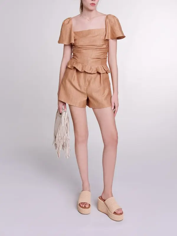 Maje Linen Top With Ruffled Hem