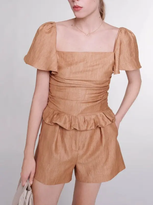 Maje Linen Top With Ruffled Hem