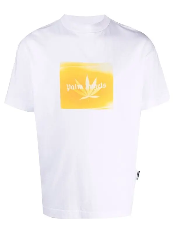 Palm Angels Leaf Print Logo T-shirt - White/yellow