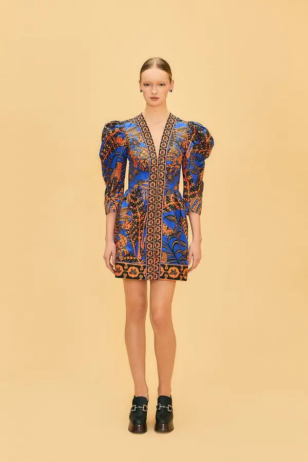 farm rio tropical gold blue short sleeve mini dress Blue Flowing Beauty Short Sleeve Mini Dress – FARM Rio