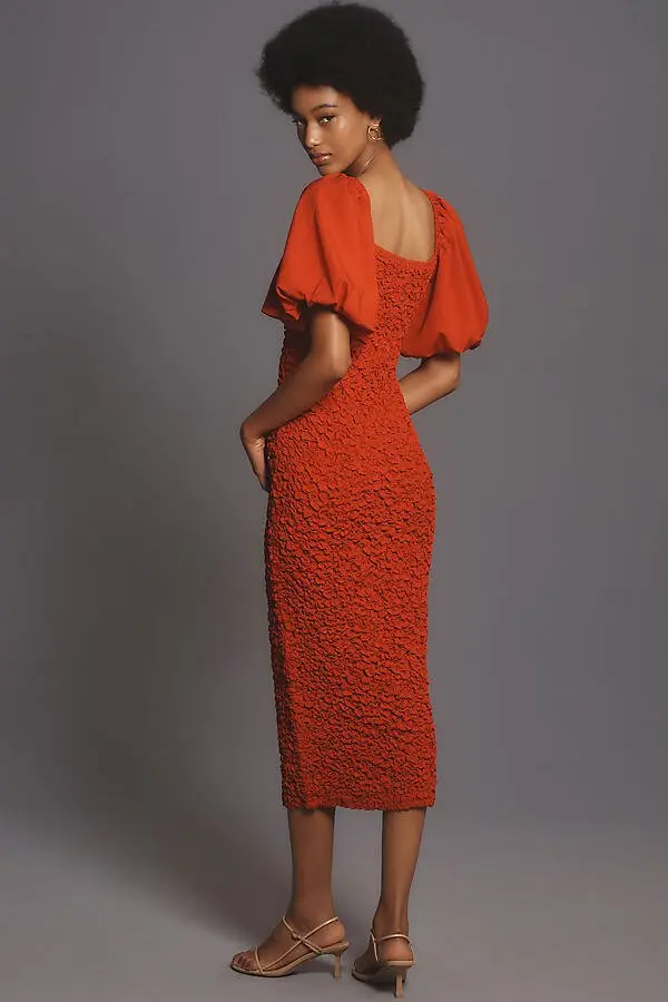 DOLAN LEFT COAST Dolan Puff-sleeve Pebble-smocked Midi Dress