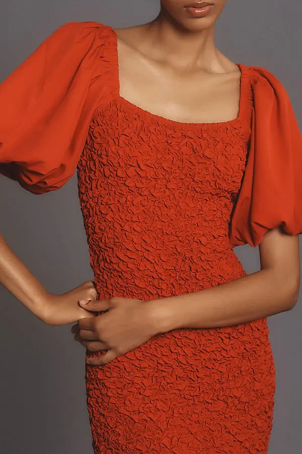 DOLAN LEFT COAST Dolan Puff-sleeve Pebble-smocked Midi Dress