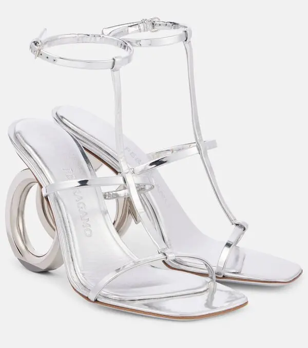 FERRAGAMO Elina 105 Metallic Leather Sandals - Silver