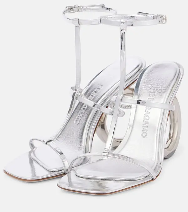 FERRAGAMO Elina 105 Metallic Leather Sandals - Silver