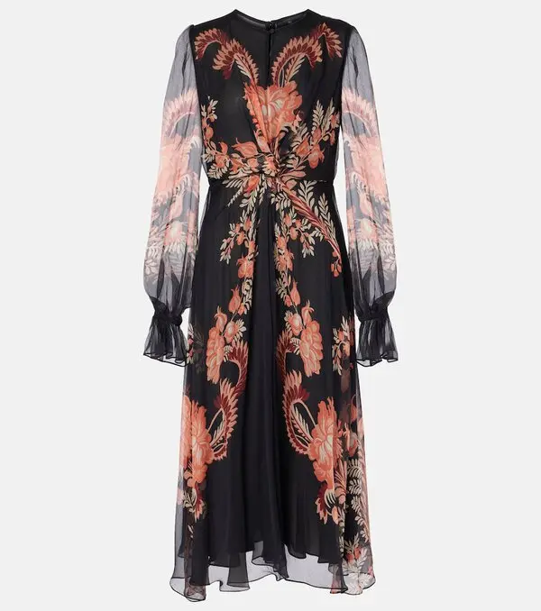 Etro Floral Printed Silk Midi Dress - Black