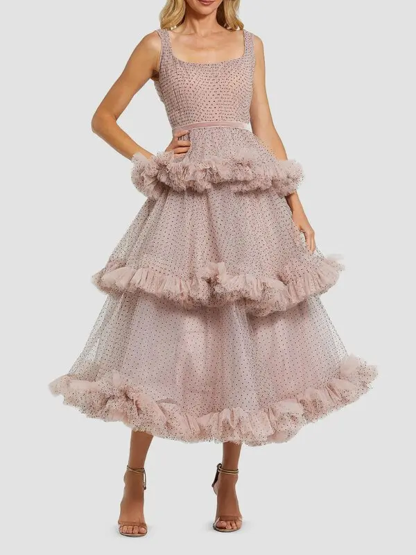 Mac Duggal Polka Dot Ruffle Tulle Cocktail Dress - Blush