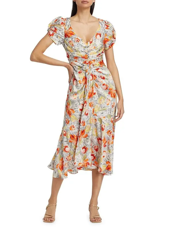 Cinq À Sept Linework Floral Walker Dress - Ivory Multi